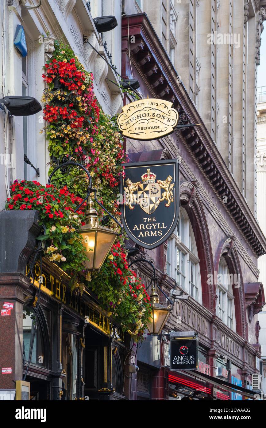 Front high level facade of The Argyll Arms pub in Argyll Street, Soho ...