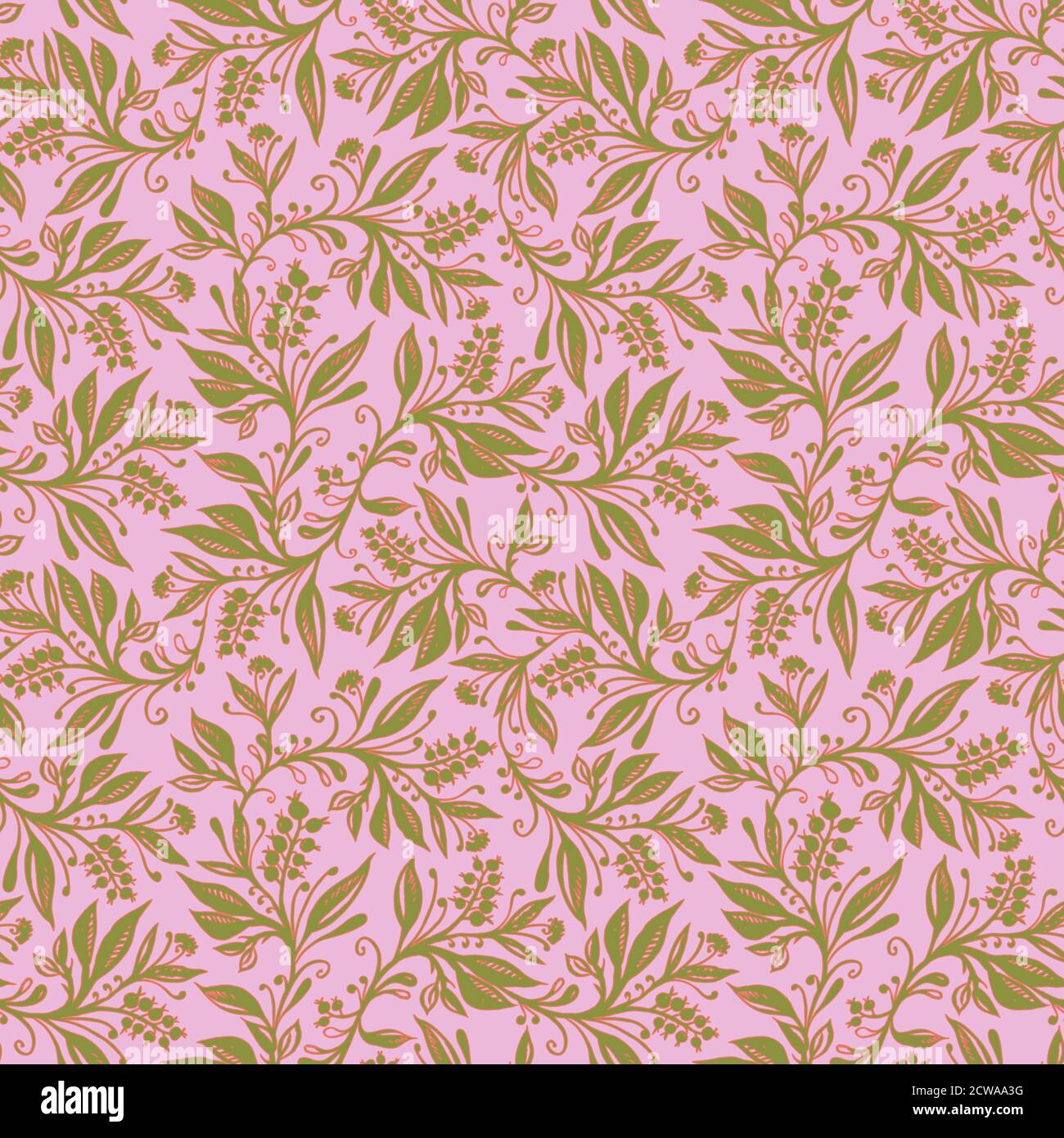 Floral seamless pattern with leaves and berries in coral, pink and ...
