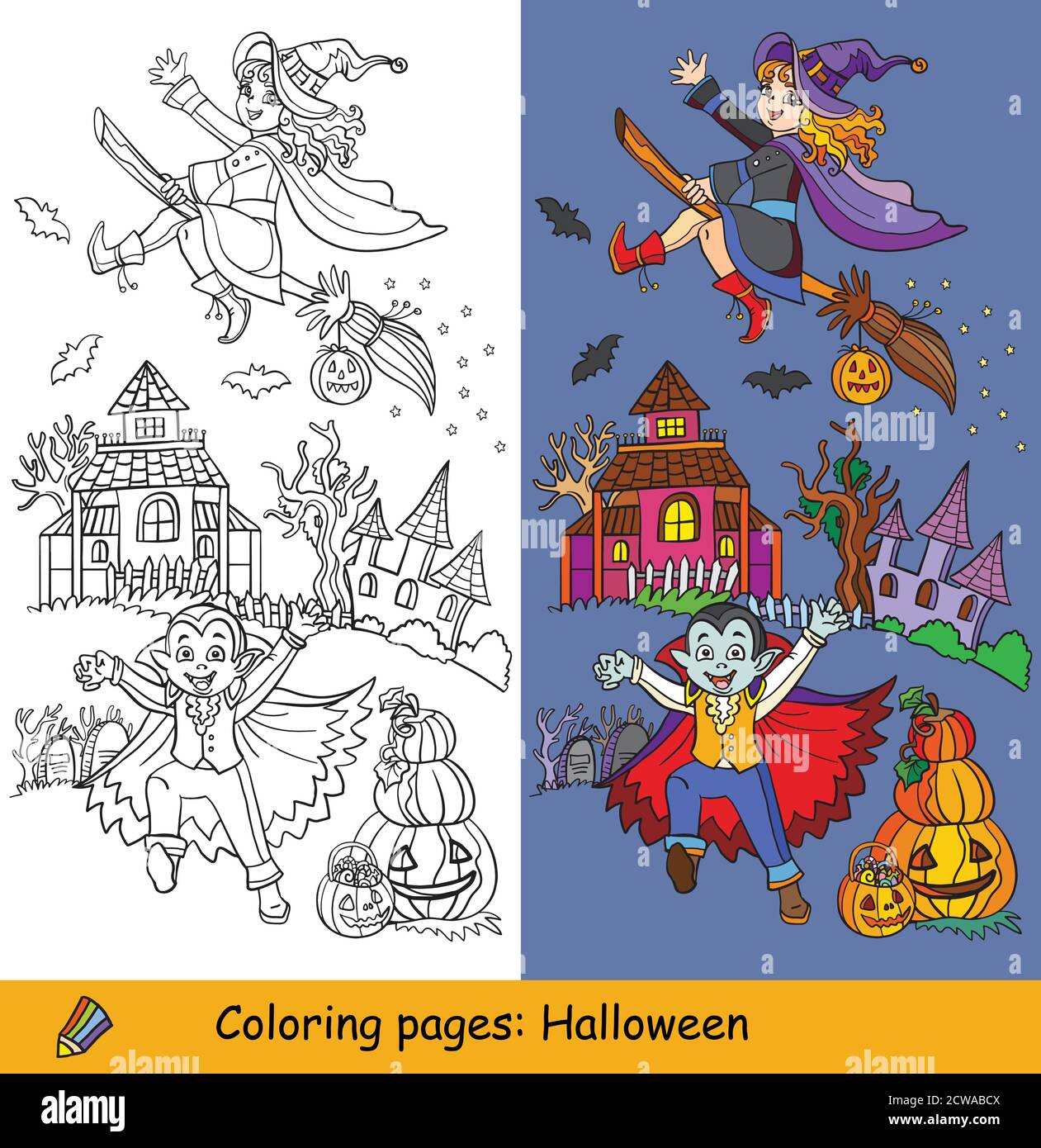 Vector halloween coloring and colored example witch and vampire Stock ...