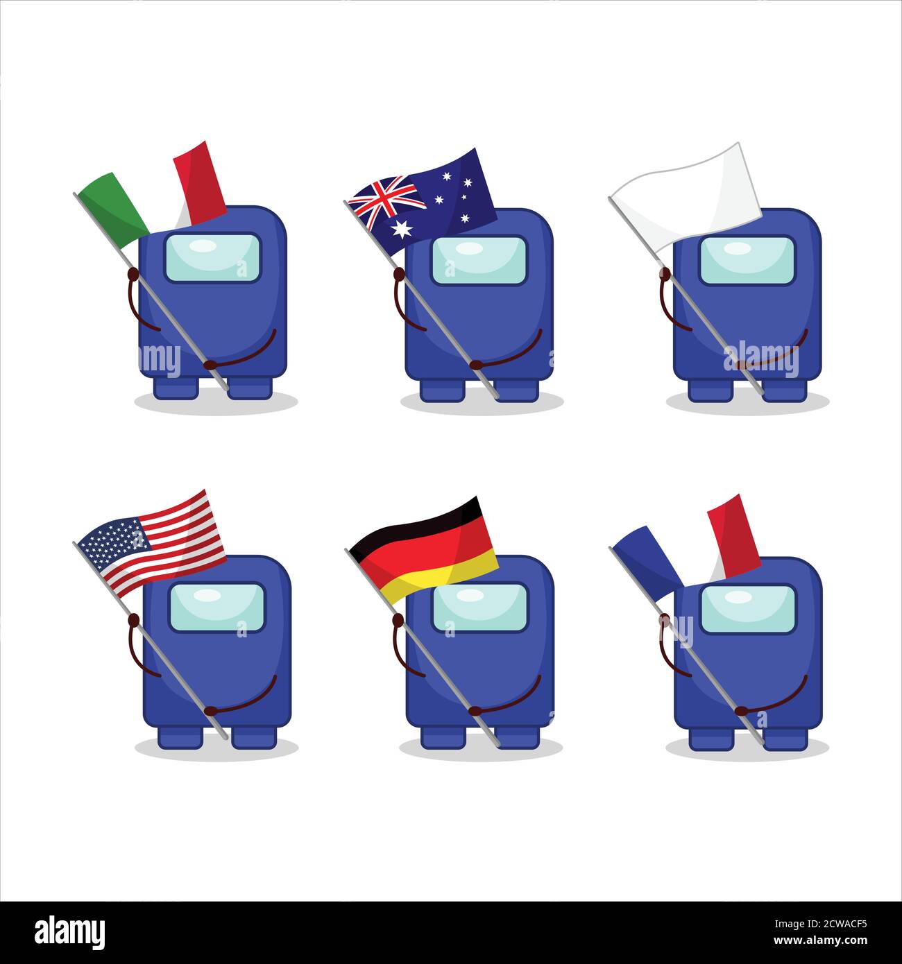 Among us blue cartoon character bring the flags of various countries ...