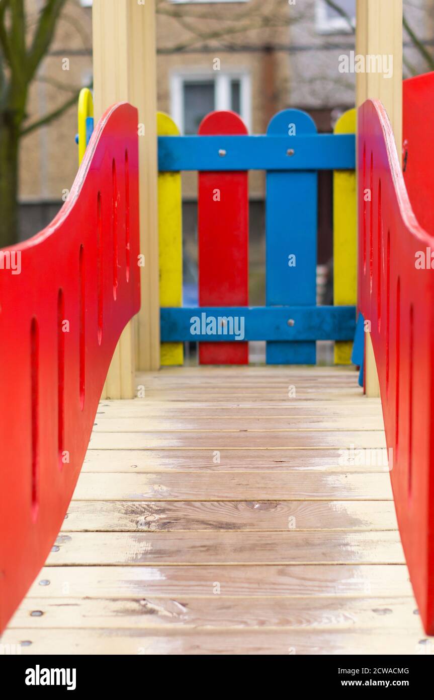Vertical shot of the wooden platform of a climbing equipment Stock ...