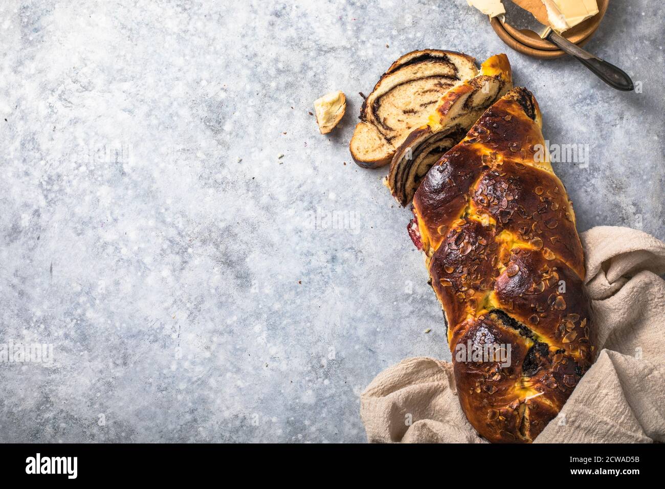 Traditional Greek Easter bread - tsoureki sliced . Sweet marbled ...