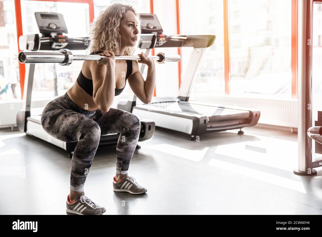 A women is powerlifting with a barbell in a bright gym Stock Photo - Alamy