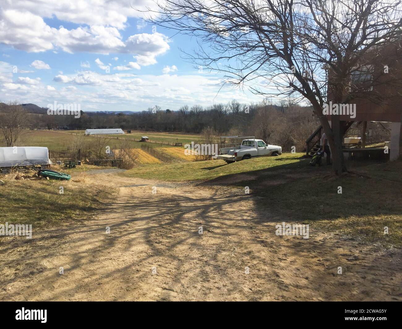 Rural farm Autumn landscape with shadows and old pick up truck Stock ...