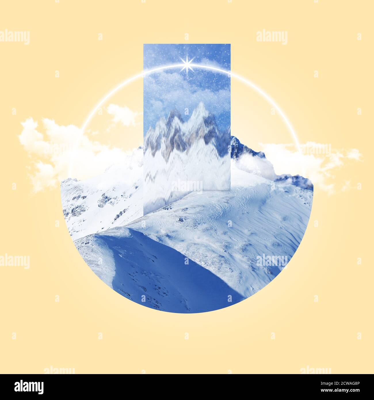 Winter snowly rounded mountain on yellow background with clouds and ...