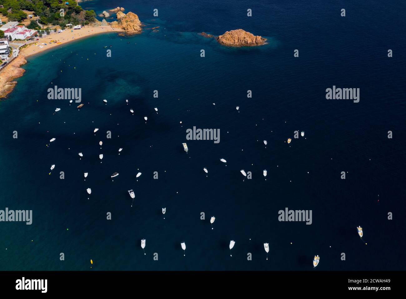 Aerial view of boast moored in Tossa de Mar on the Costa Brava in ...