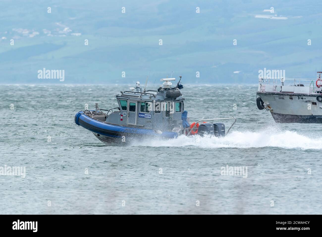 Israeli Police patrol boat in Lake Tiberias, (Sea of Galilee), Israel ...