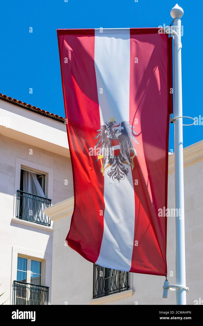 Austrian flag flying in Perast, Montenegro Stock Photo - Alamy