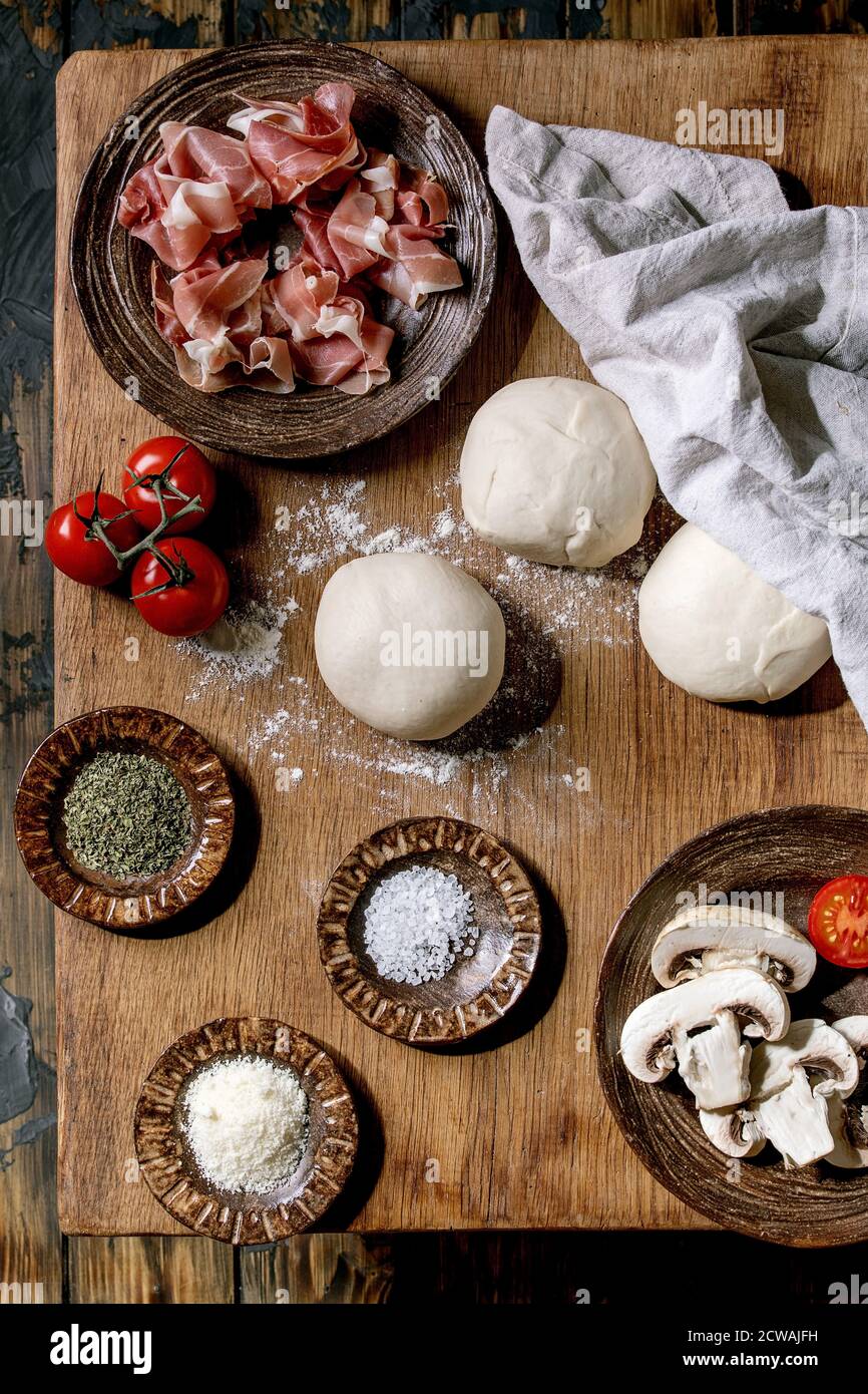 Dough for pizza napolitana cooking. Three balls of fresh homemade wheat ...