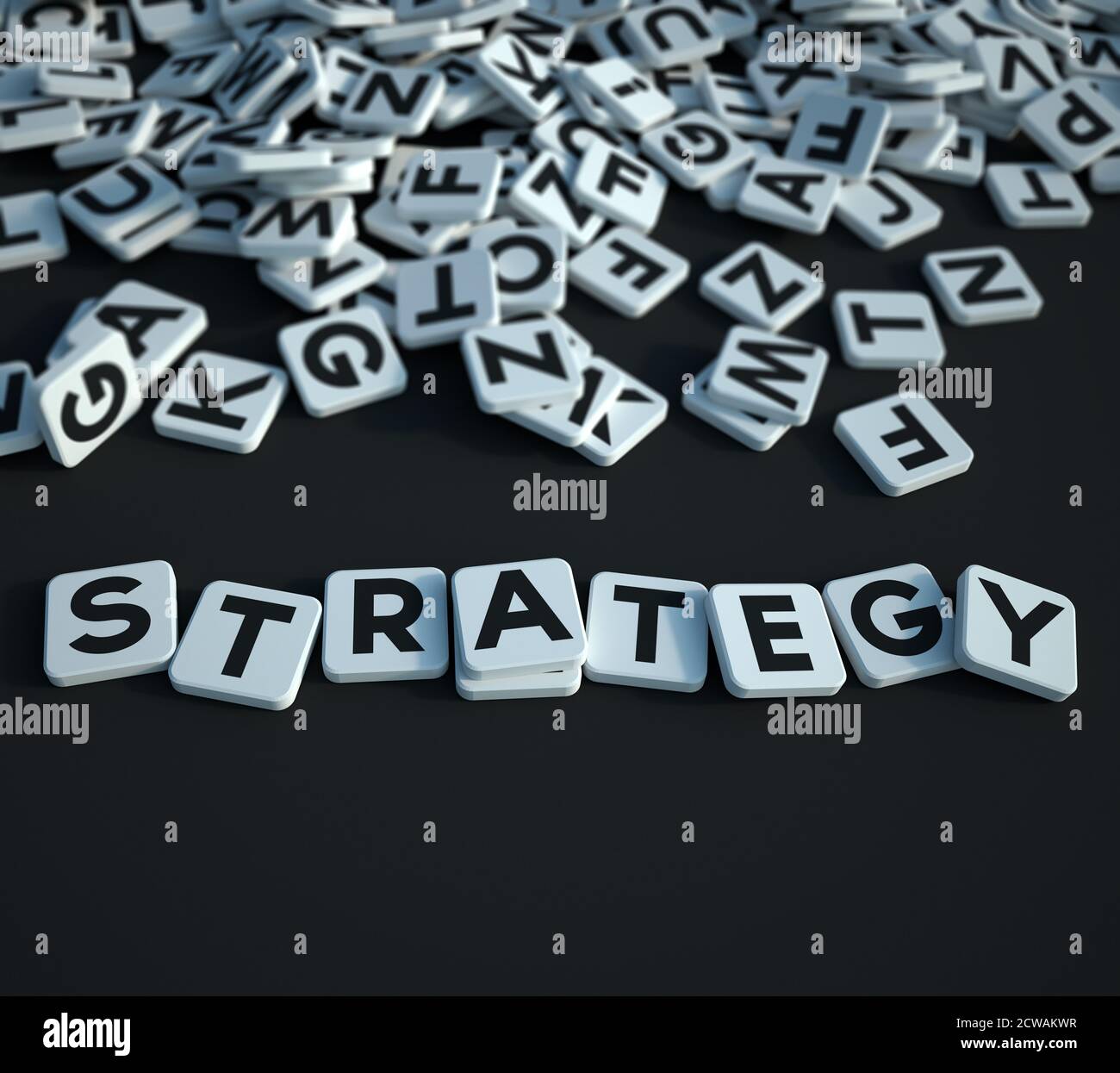 3D rendering of the word strategy writen in letter tiles on a black ...