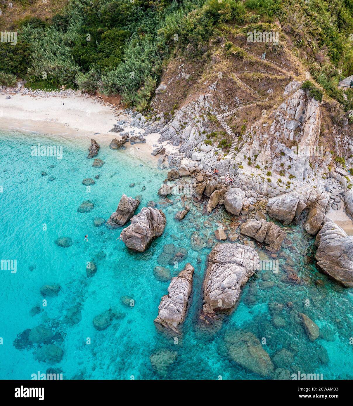 Aerial view of a beach and umbrellas. Tropea, Calabria, Italy ...