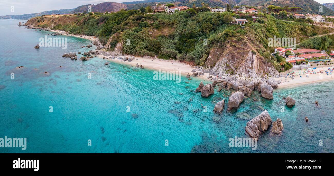 Aerial view of a beach and umbrellas. Tropea, Calabria, Italy ...