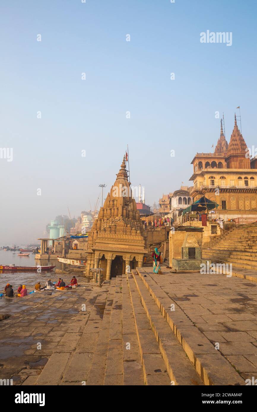 India, Uttar Pradesh, Varanasi, Sindhia Ghat, Submerged Shiva temple ...