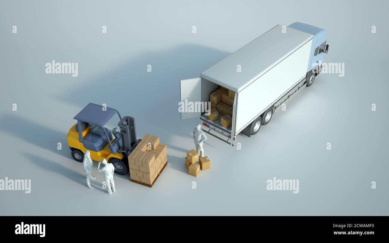 3D rendering a forklift loading boxes in a truck with anoymous workers ...