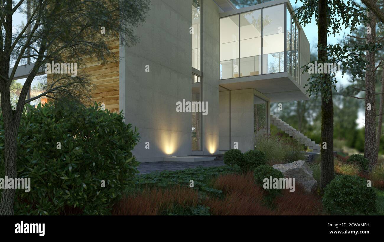3D rendering of a modern building with huge windows, external view ...