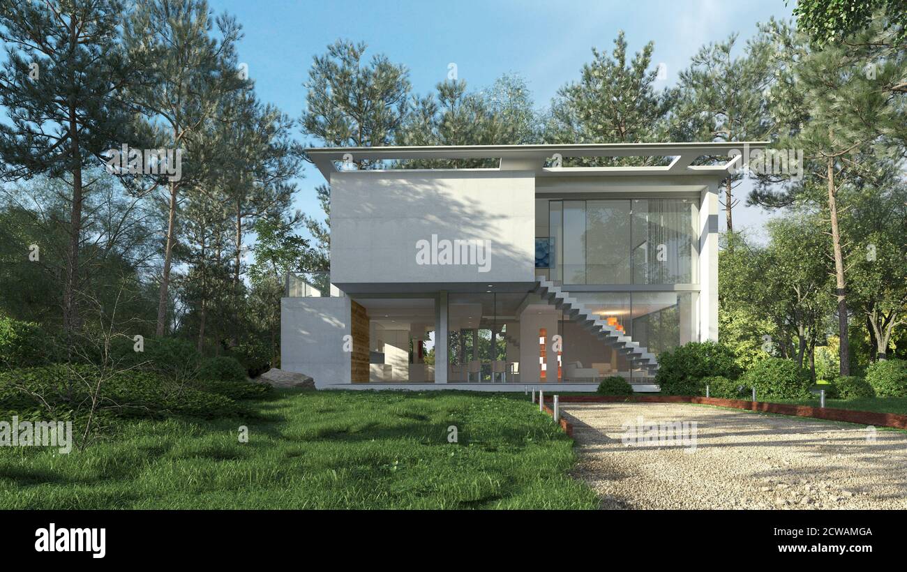 3D rendering of a modern building with huge windows, external view ...