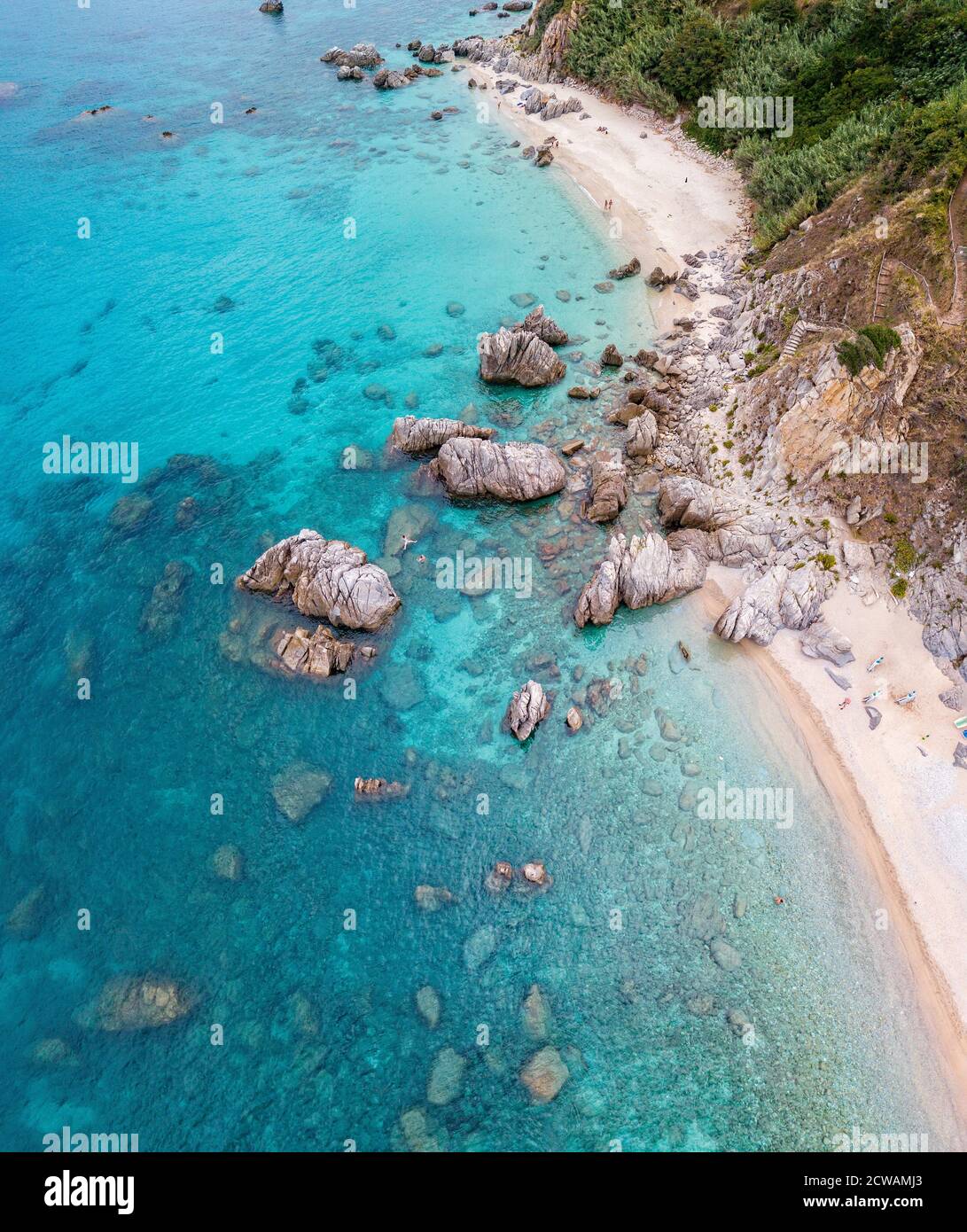Aerial view of a beach and umbrellas. Tropea, Calabria, Italy ...