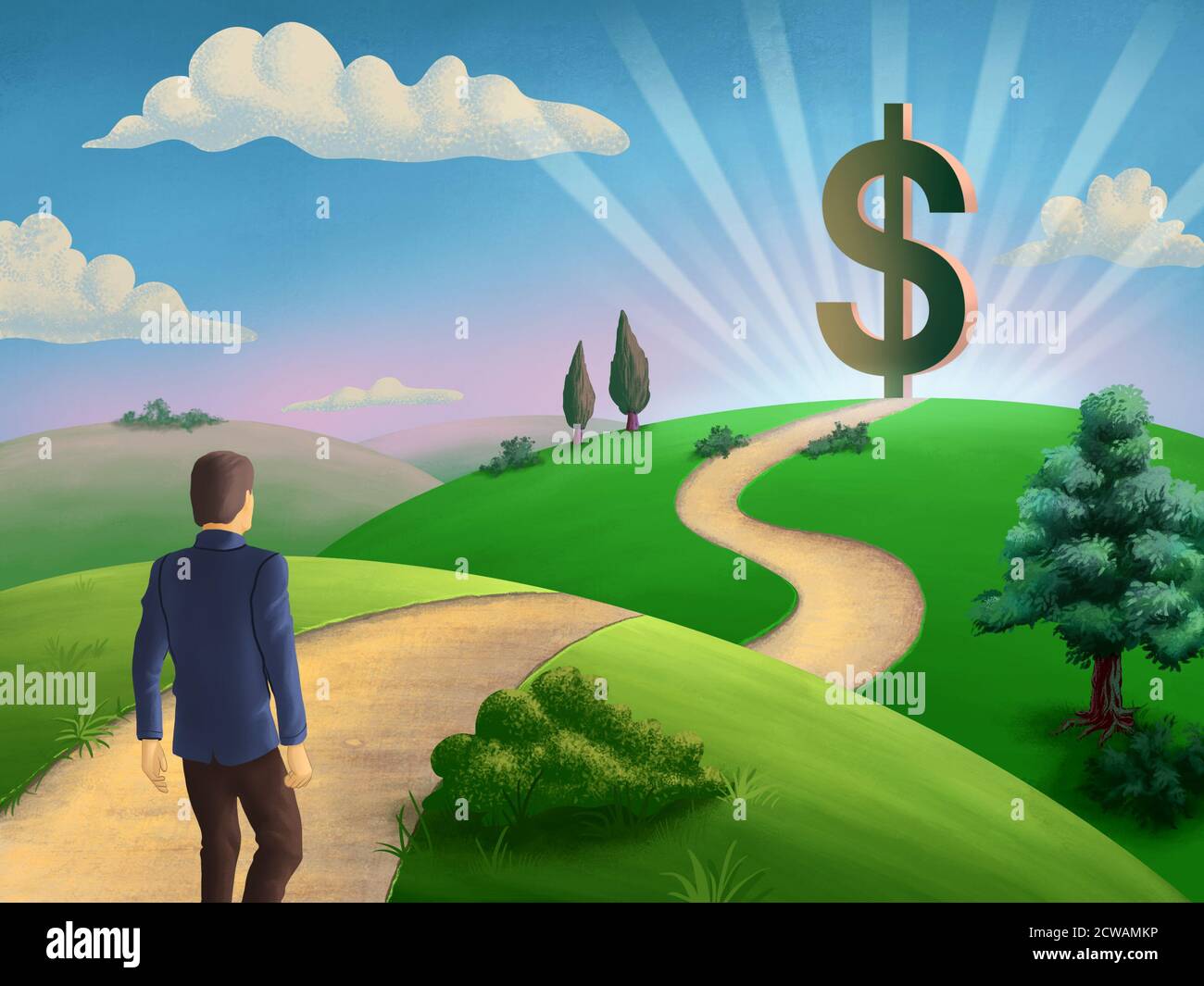 Businessman walking on a path leading to a giant dollar symbol. Digital ...