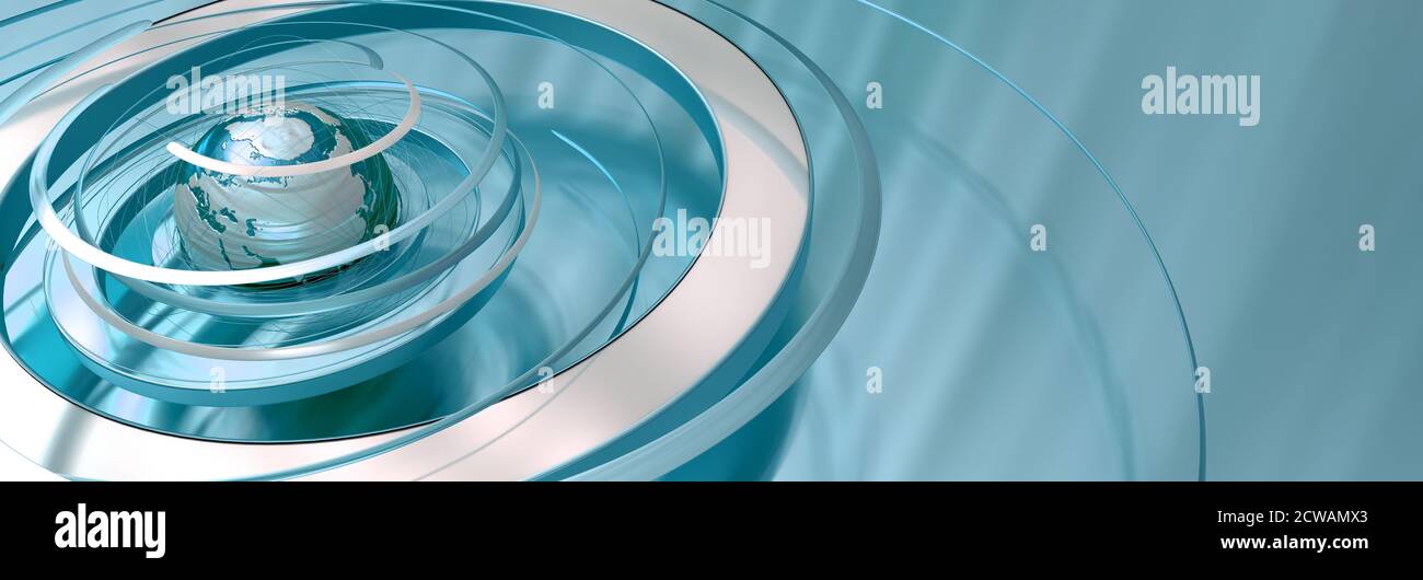 3D rendering of a blue and silver earth with swirls suggesting orbits ...