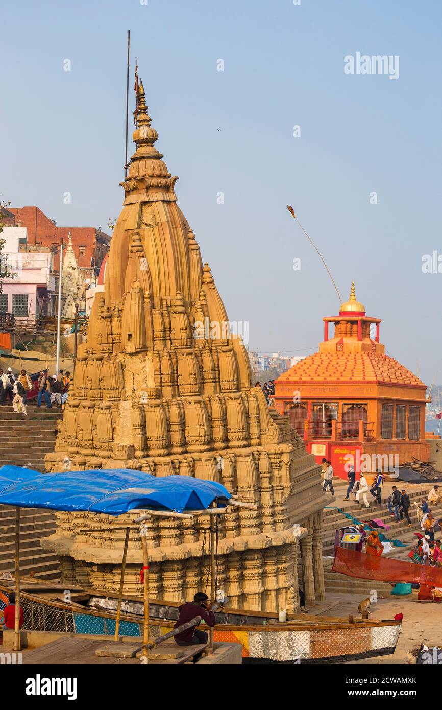 India, Uttar Pradesh, Varanasi, Sindhia Ghat, Submerged Shiva temple ...