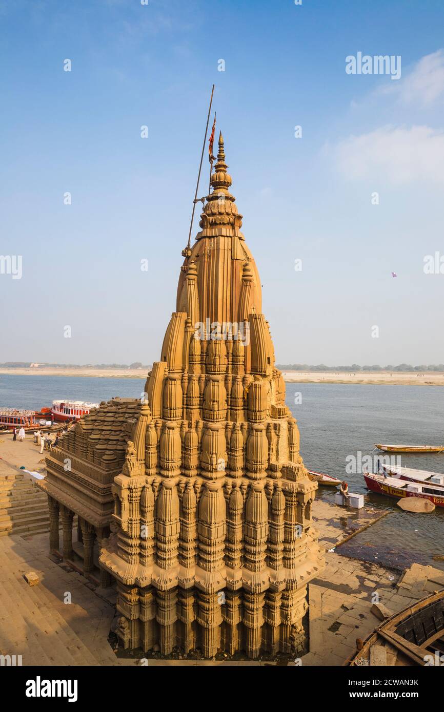 India, Uttar Pradesh, Varanasi, Sindhia Ghat, Submerged Shiva temple ...