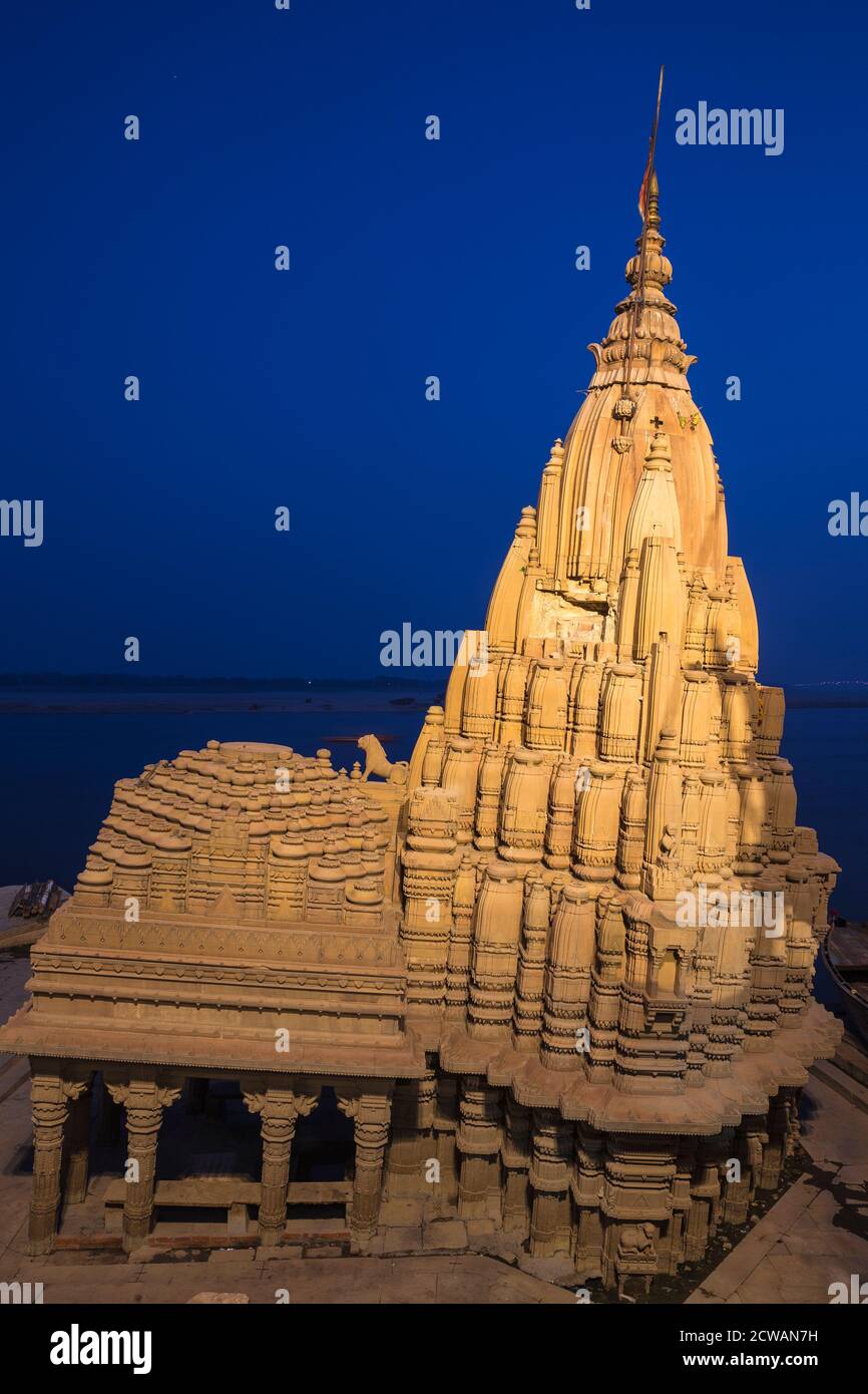 India, Uttar Pradesh, Varanasi, Sindhia Ghat, Submerged Shiva temple ...