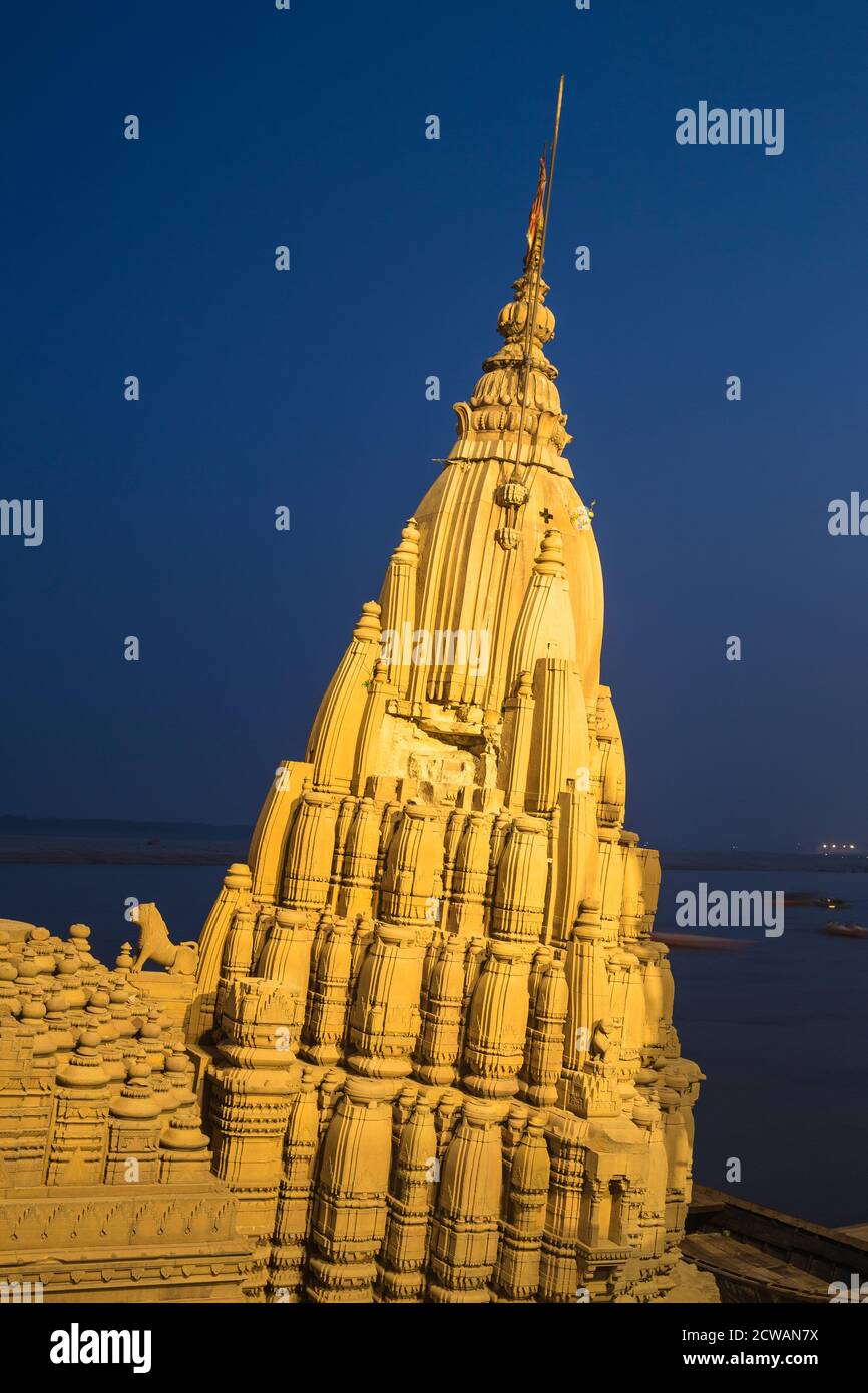 India, Uttar Pradesh, Varanasi, Sindhia Ghat, Submerged Shiva temple ...