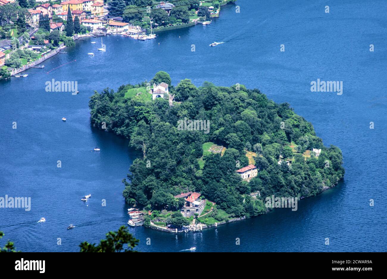 scenic aerial view over Comacina island and Ossuccio, amazing village ...