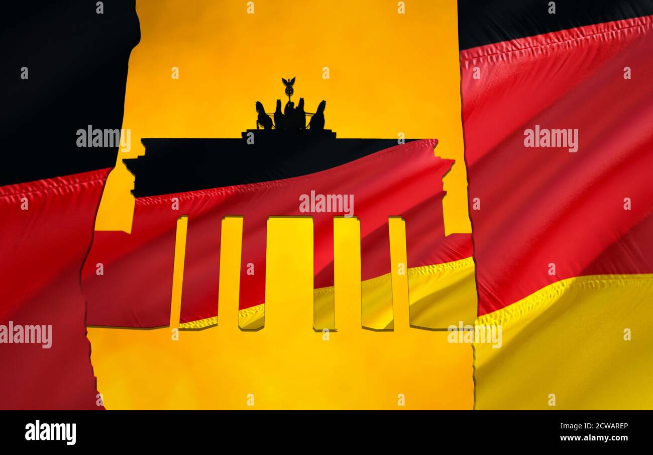 an illustration of the brandenburg gate with german flag behind a wall ...