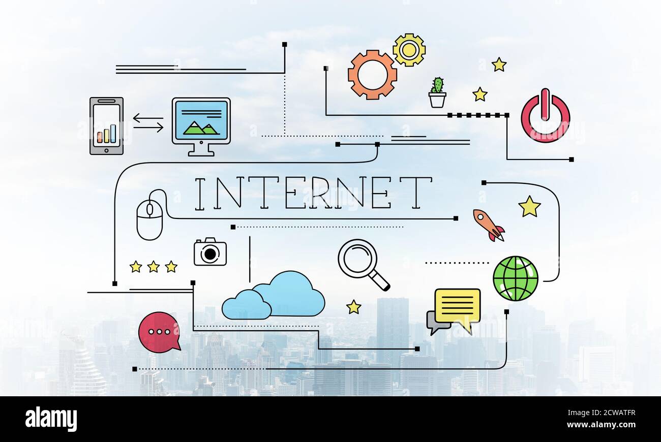 Internet connection sketch with media signs Stock Photo - Alamy