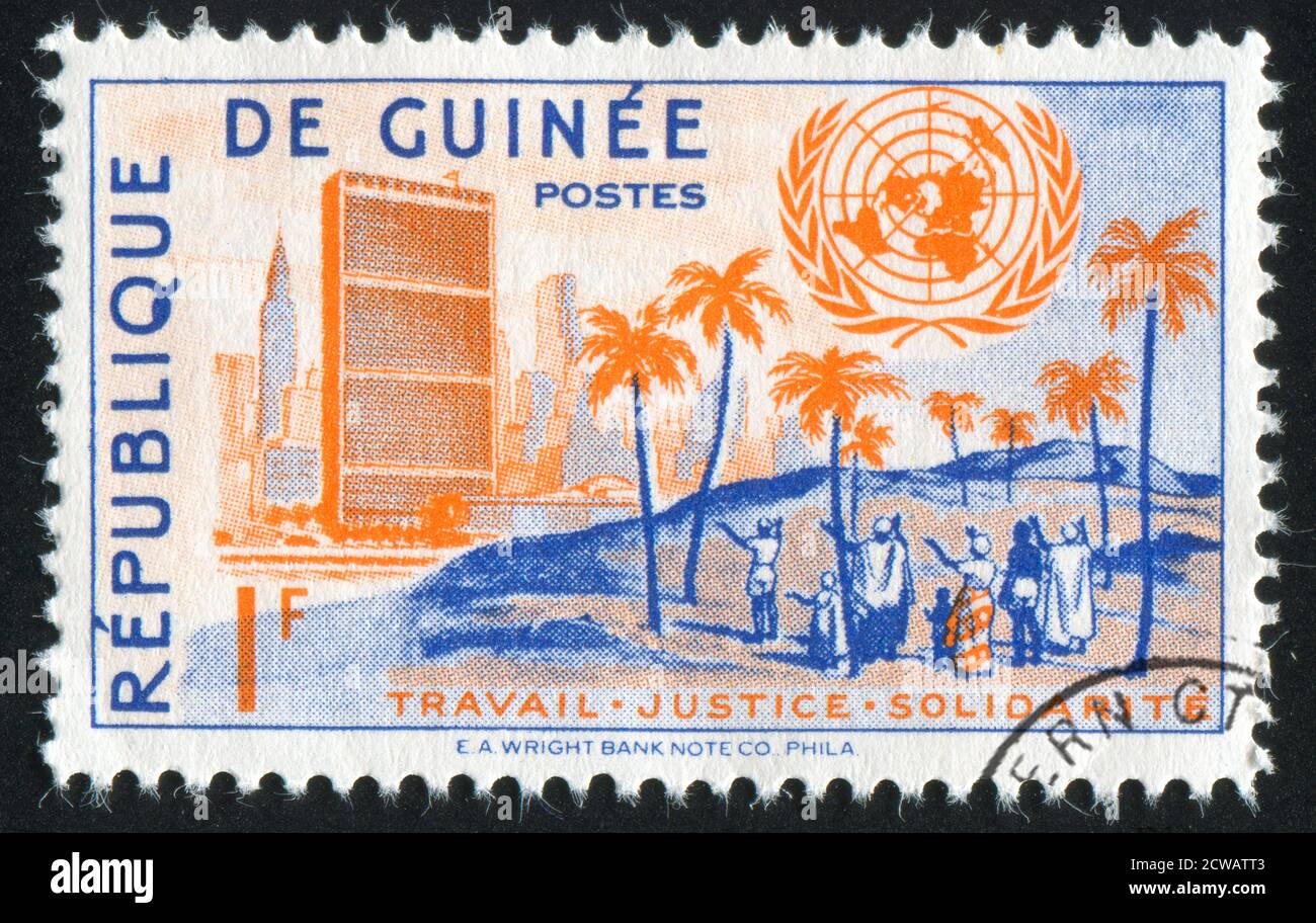 GUINEA CIRCA 1959: stamp printed by Guinea, shows UN Headquarters and ...