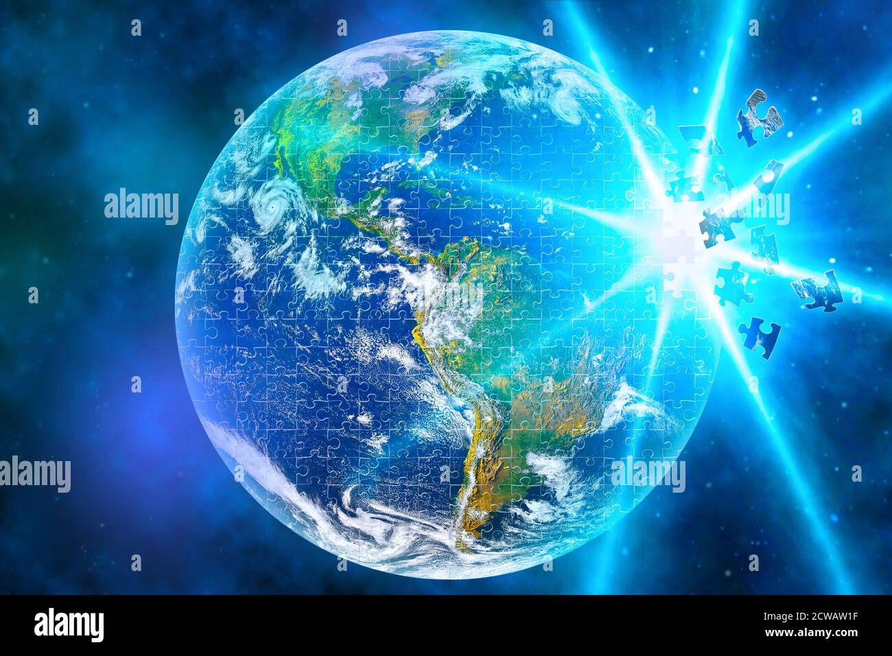Planet Earth (made of jigsaw puzzle) Explode in space with several ...