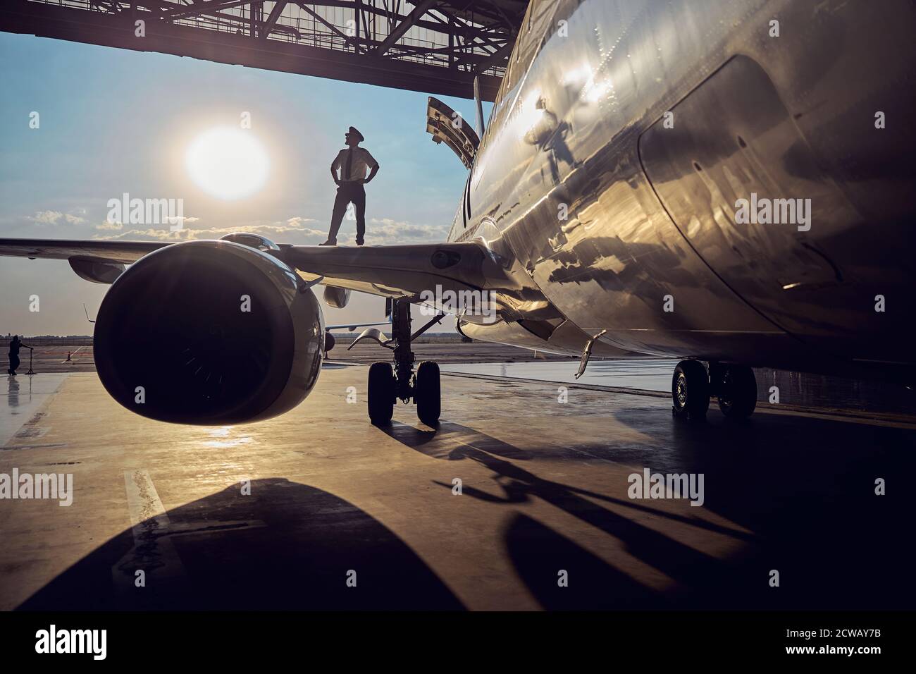 View of parts of commercial aircraft isolated on the sun background ...
