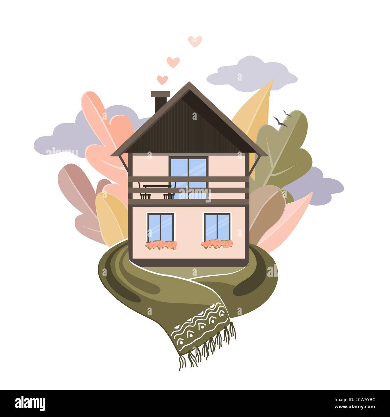 Cozy house wrapped in the scarf on the forest trees background. Hygge ...