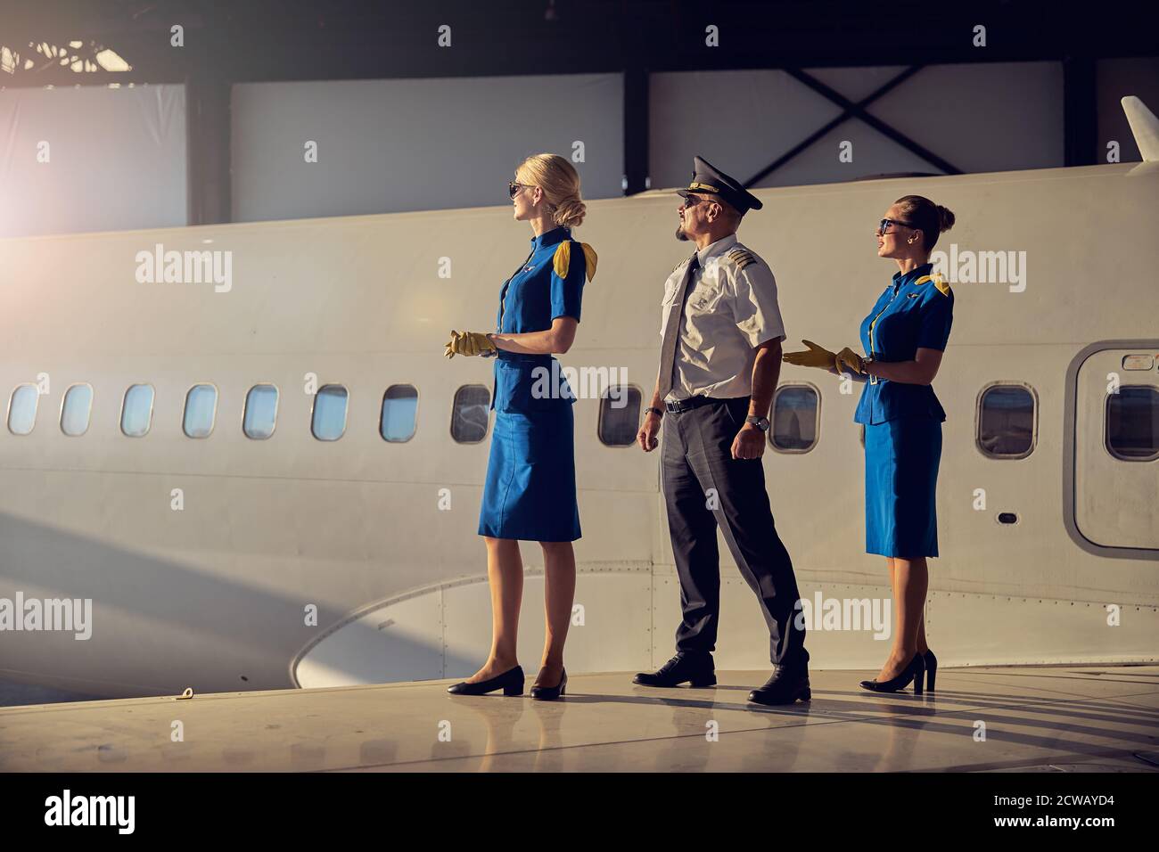 Beautiful females flight attendant with captain of aircraft spending ...