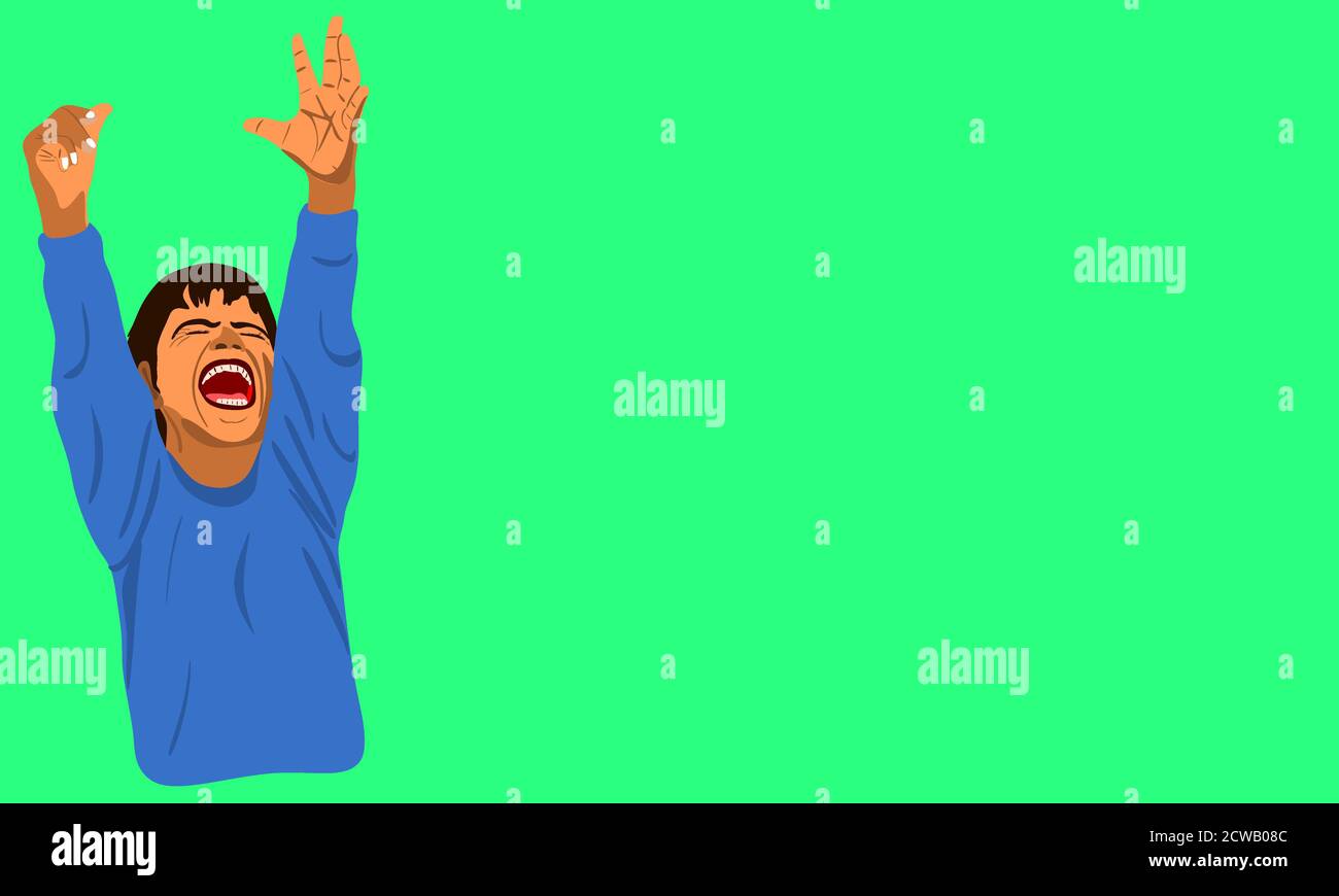 An indian boy cartoon cheering up with excitement alone on green ...