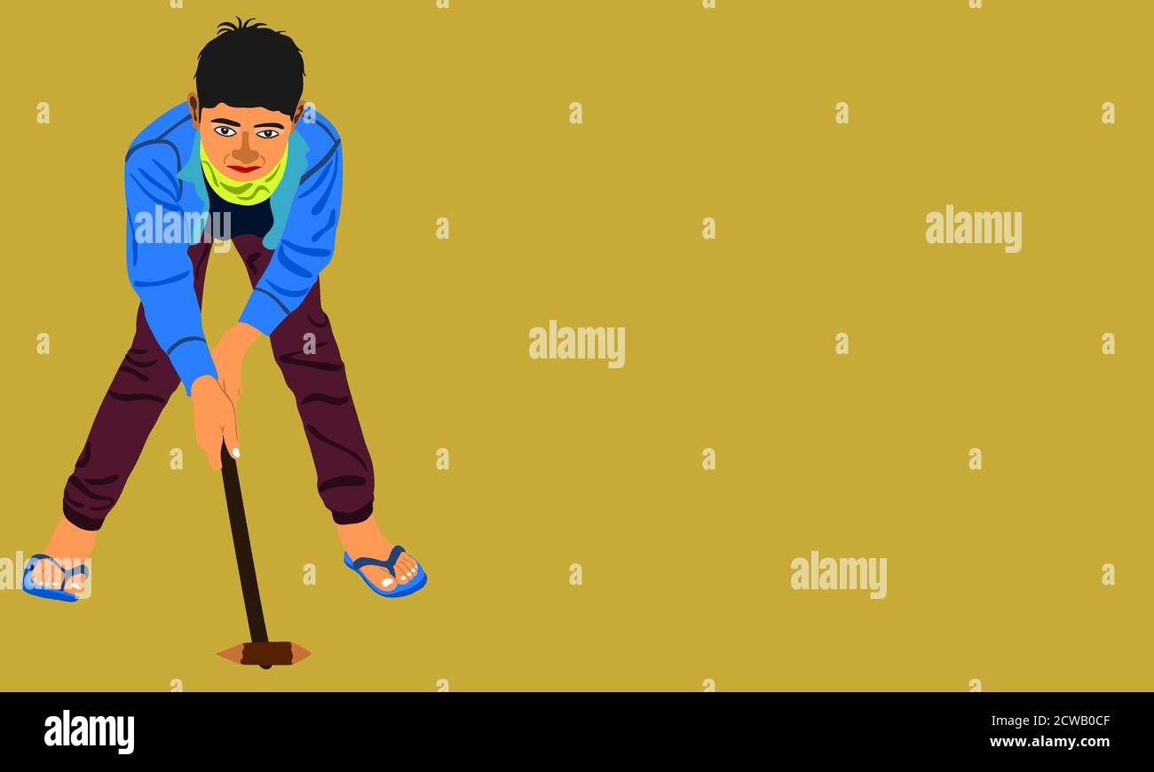 An indian village boy cartoon playing Gilli Danda alone on yellow ...