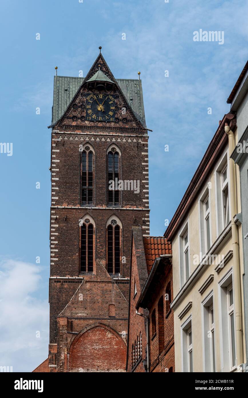 The tower of St Mary Church in historic centre of Wismar, Germany. The ...