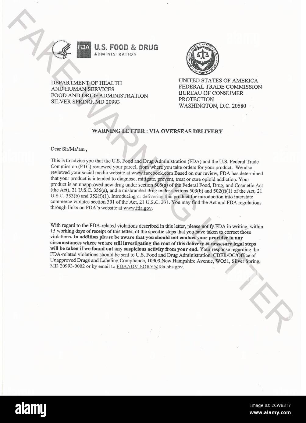 Fake Warning Letter 1 41575215550 o Stock Photo - Alamy