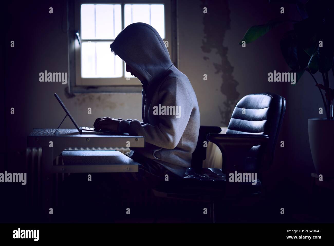 Computer hacker with hoodie behind his computer Stock Photo - Alamy