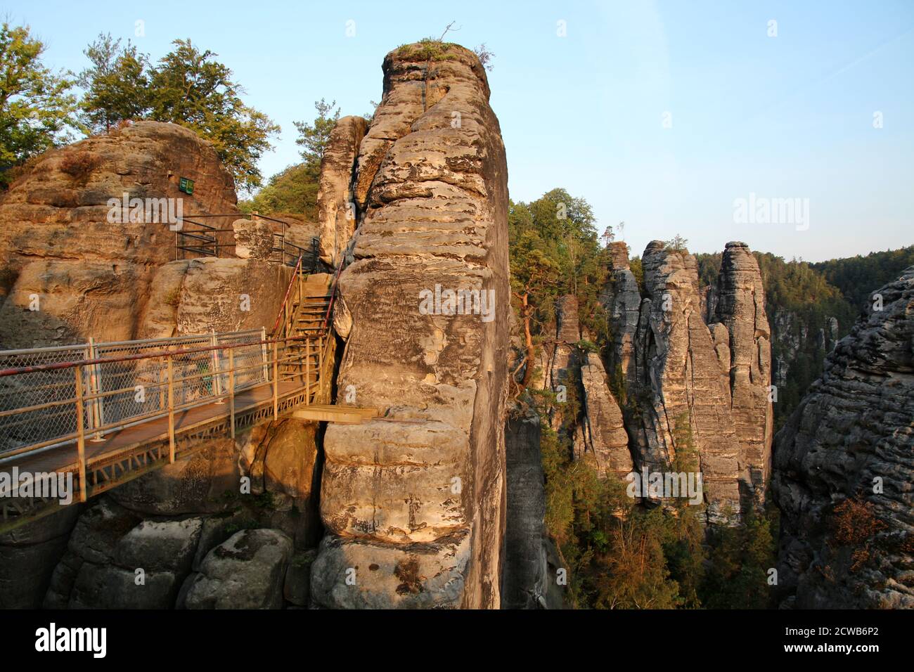 Rock formation at sunrise in the Rock castle Neurathen Saxon ...