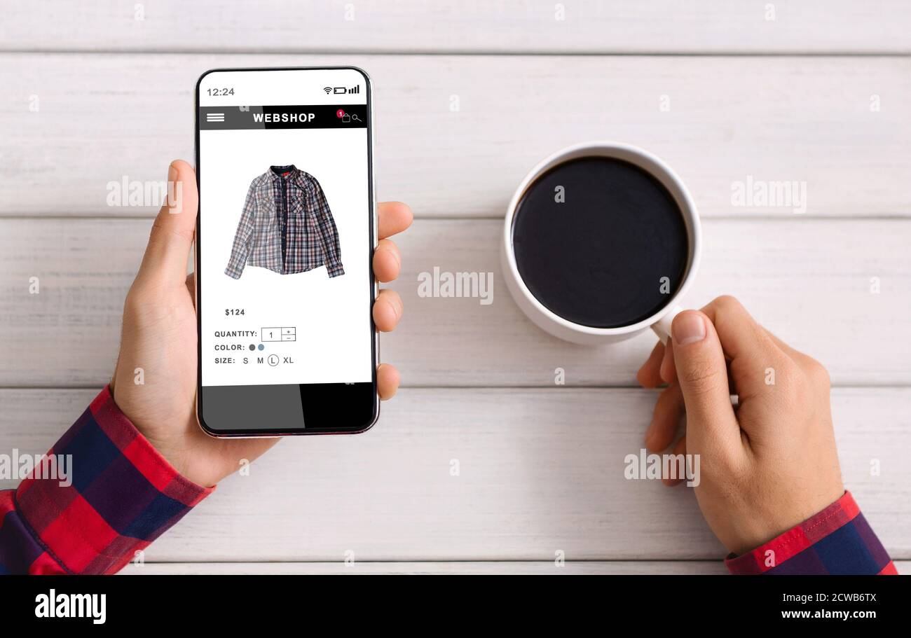 Male Hands Holding Smartphone Using Online Shopping App Sitting Indoor ...