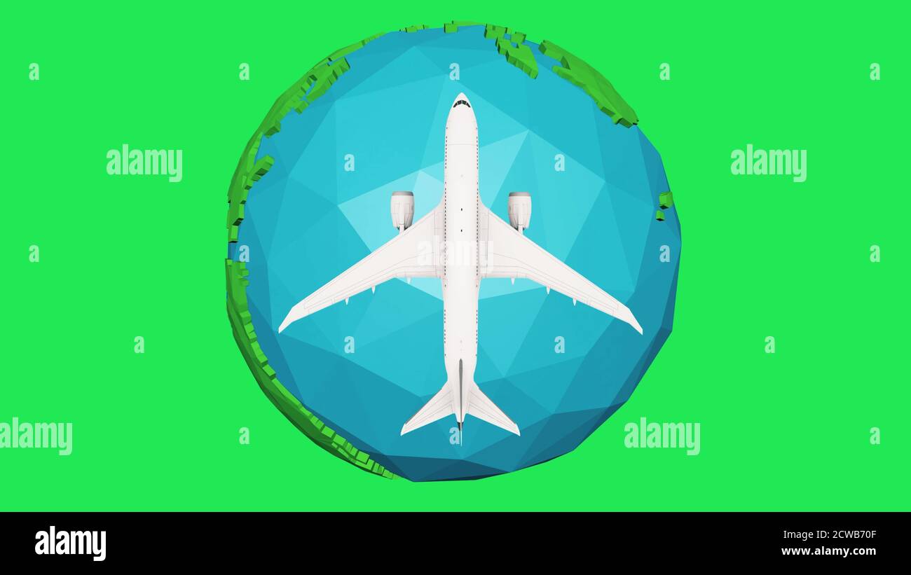 Airplane flying around cartoon earth on green background. 3d ...