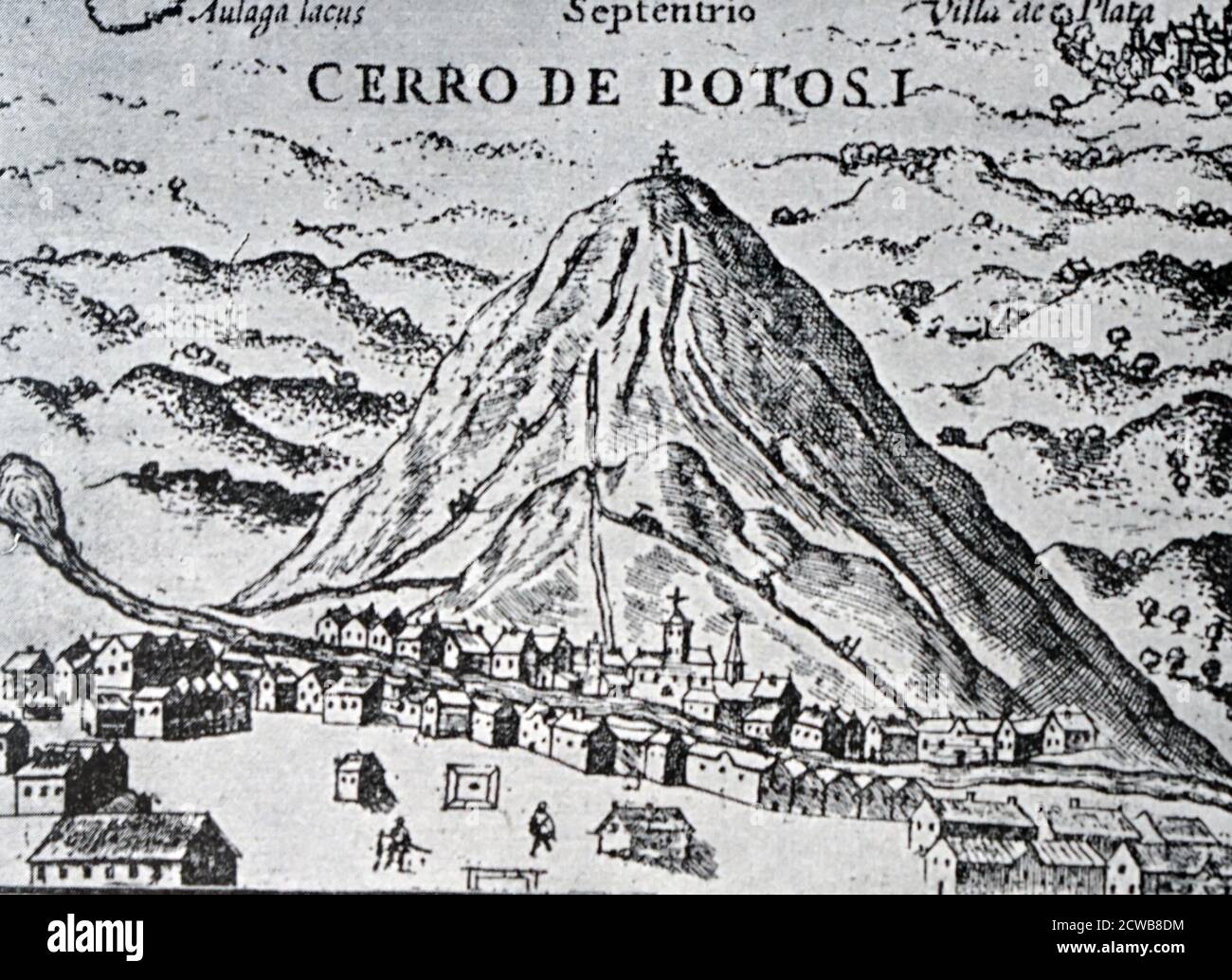 Engraving depicting Potosi Hill by Jodocus Hondius (1563-1612) a ...