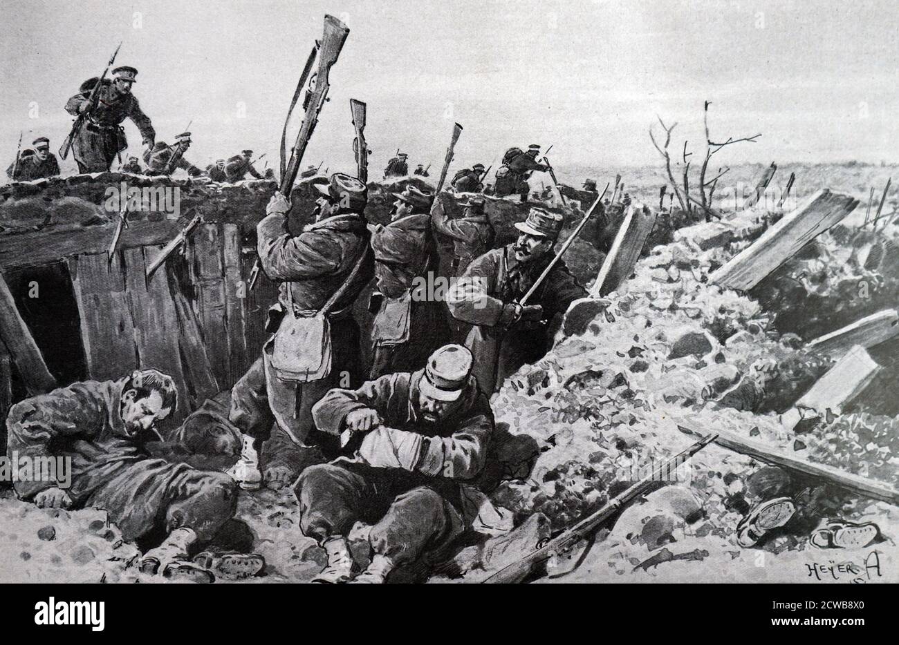 French soldiers defend a trench against Bulgarian enemy assault. 1915 ...