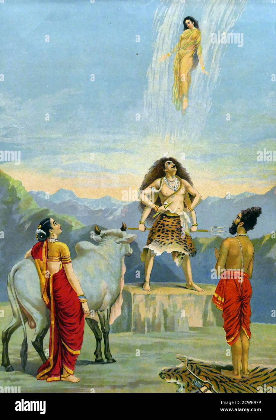 Chromolithographic print depicting the arrival of the goddess Ganga ...