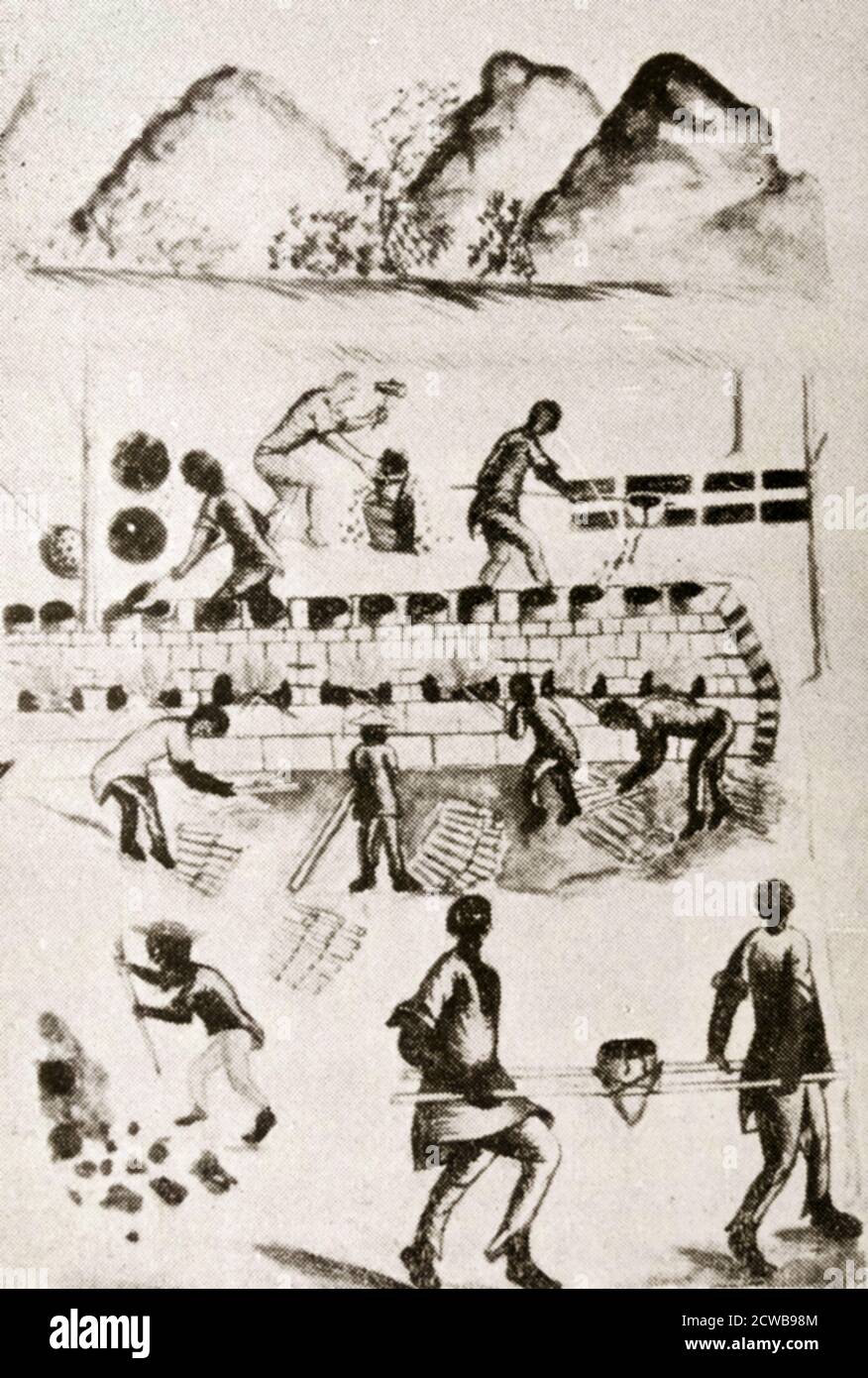 Mining in Peru; Illustration from an 18th century book by Martinez ...