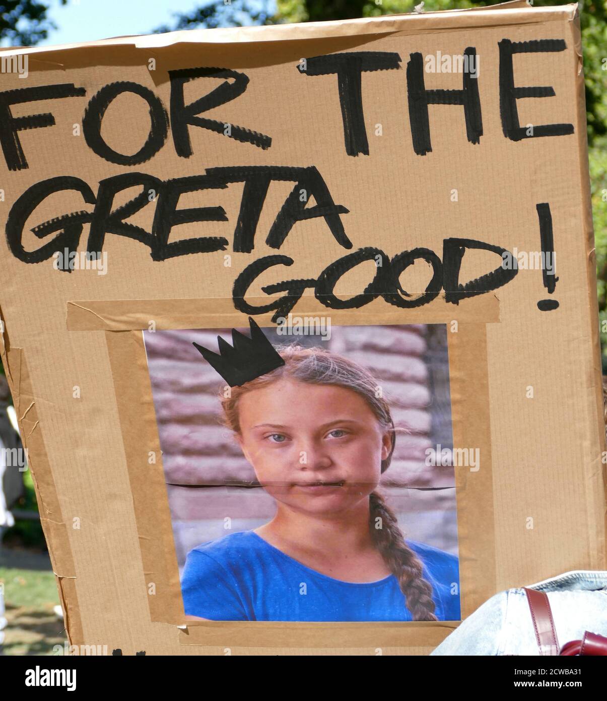 Placard depicting Greta Thunberg, in Victoria Park, near Parliament ...