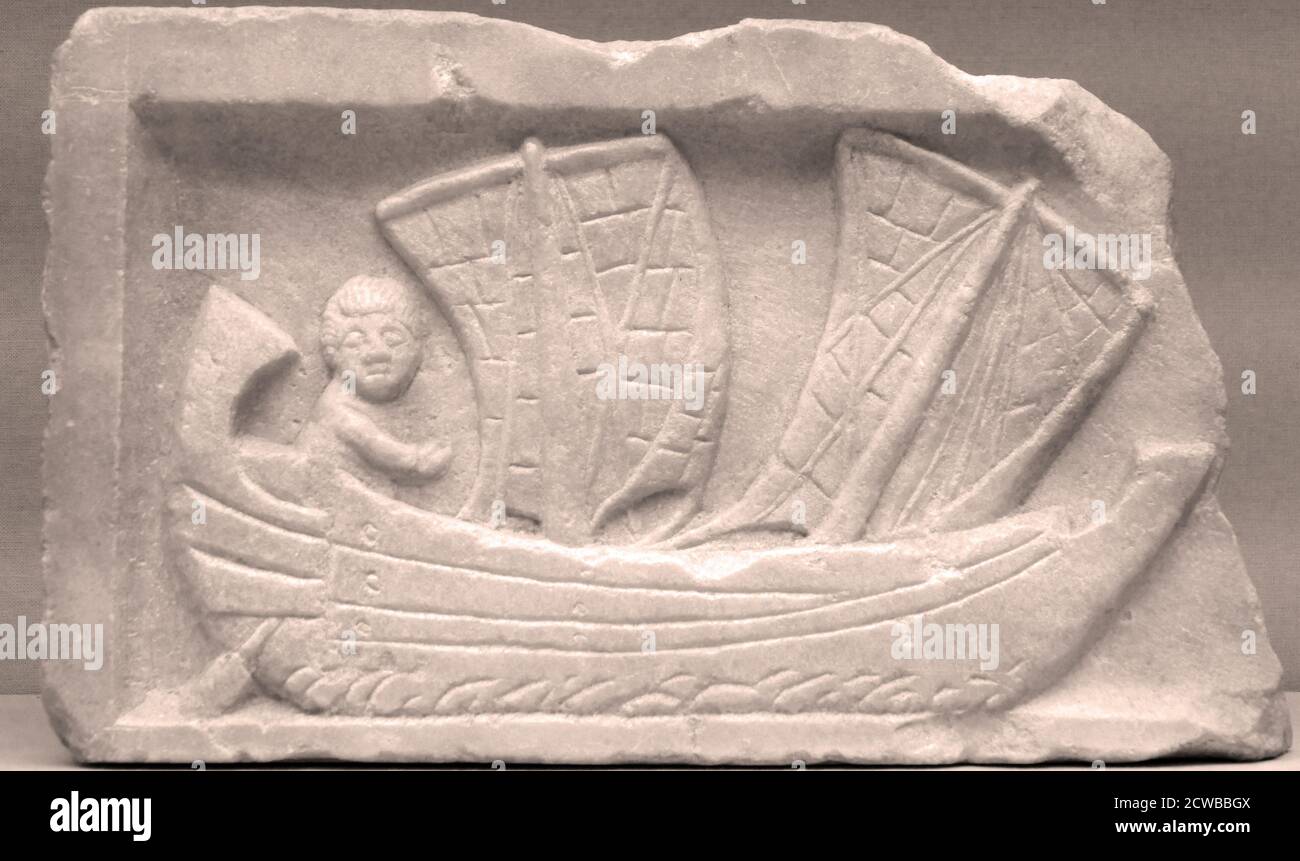 Carthaginian relief in marble, depicting a man sailing a corbita vessel ...