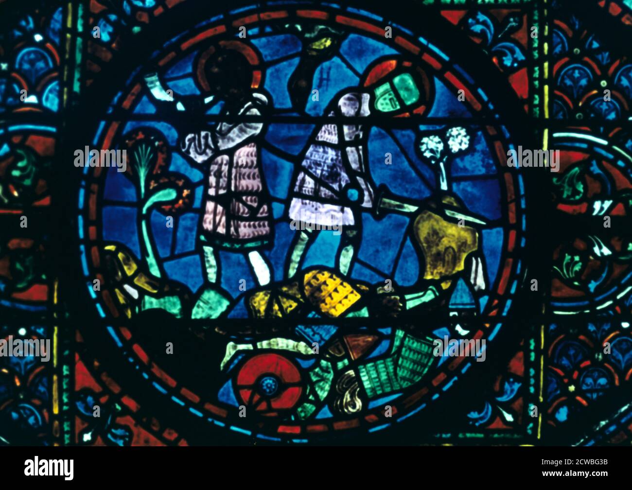 Roland breaks his sword and sounds his horn, stained glass, Chartres ...